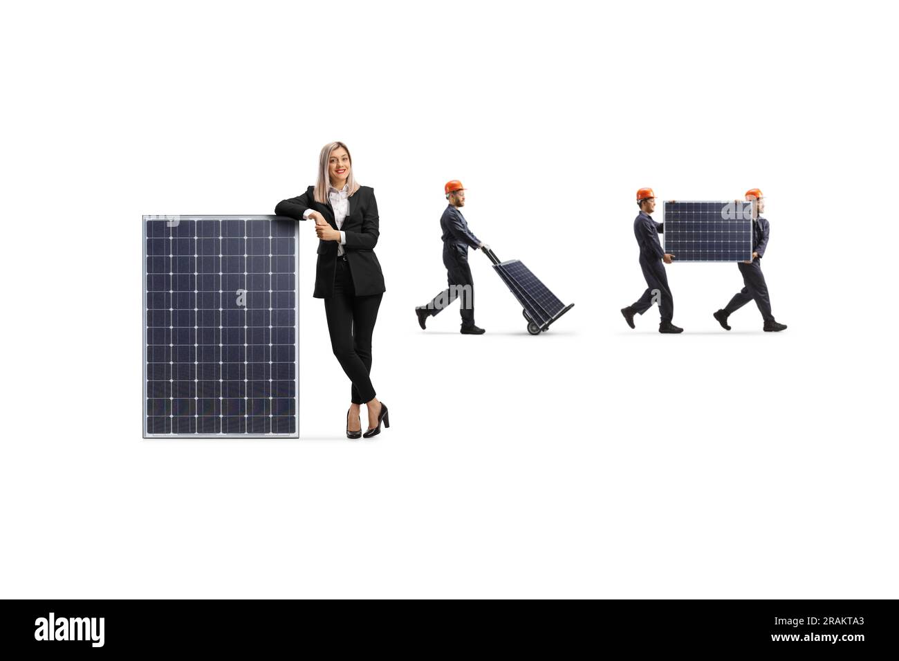 Woman manager standing next to a solar panel and workers carrying ...