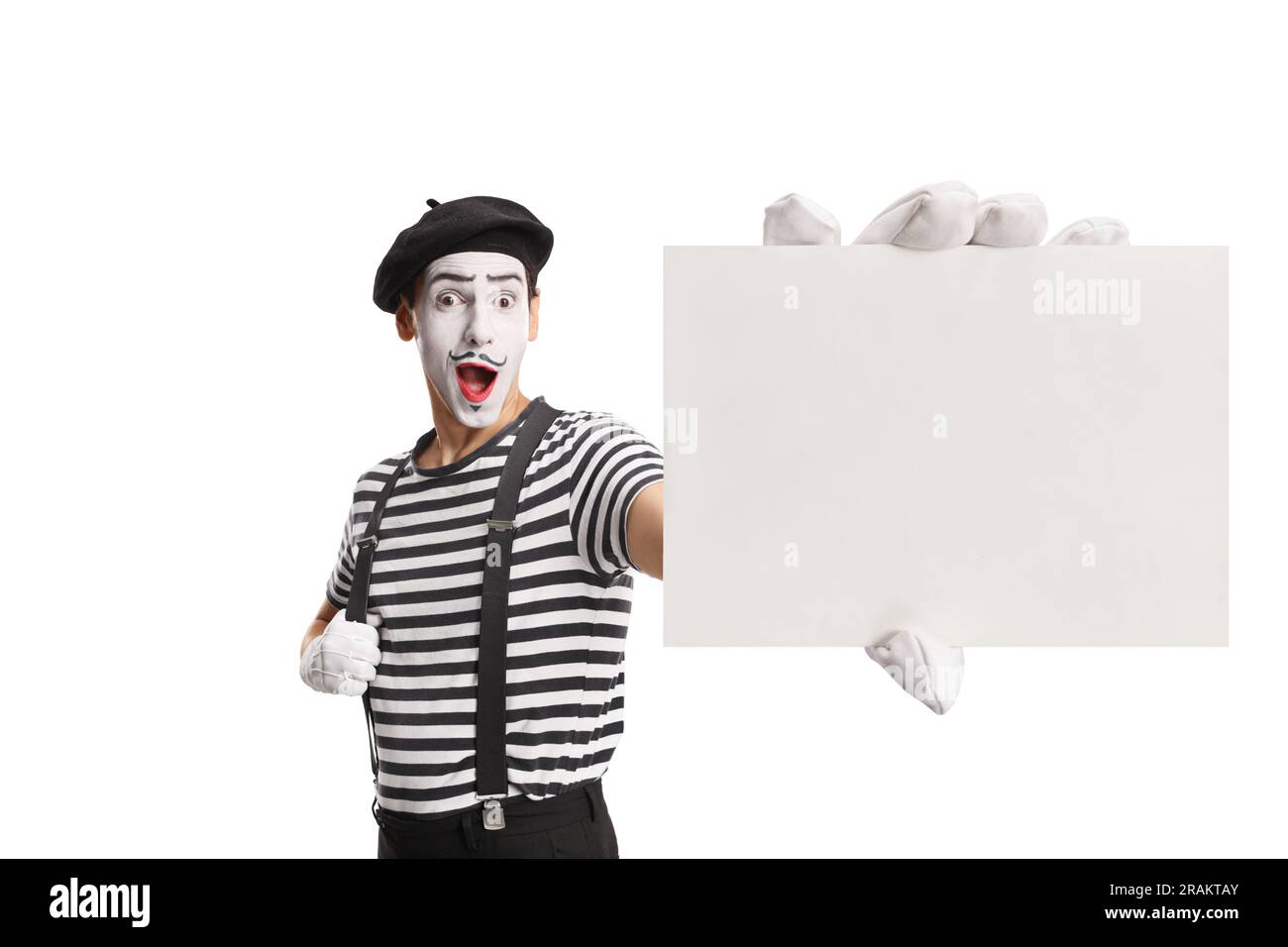 Mime holding a blank cardboard isolated on white background Stock Photo ...