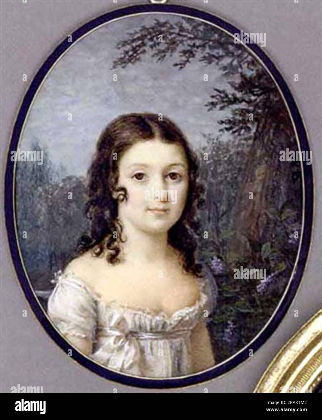 A girl standing before a tree with lilac, in white silk dress with ... A girl standing before a tree with lilac, in white silk dress with ...