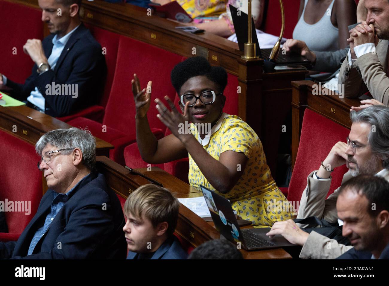 Paris, France. 04th July, 2023. LFI deputy Daniele Obono during a ...