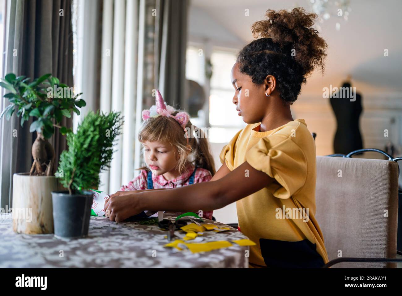 Multicultural group of kids with creative handicraft.Children diversity ...