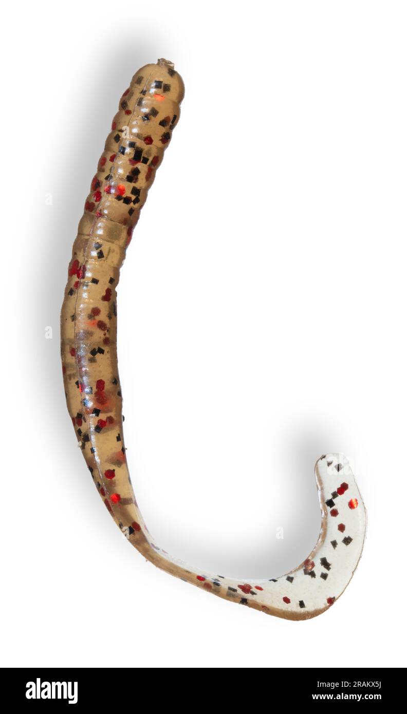Artificial fishing worm that is translucent with red and black spots ...