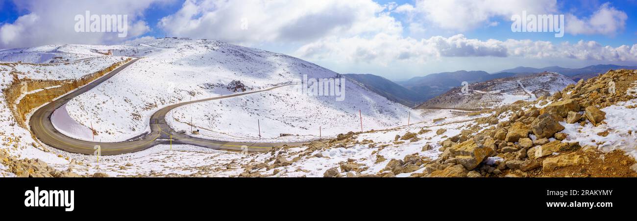 Panoramic view of snowy landscape of Mount Hermon, in the north part of ...