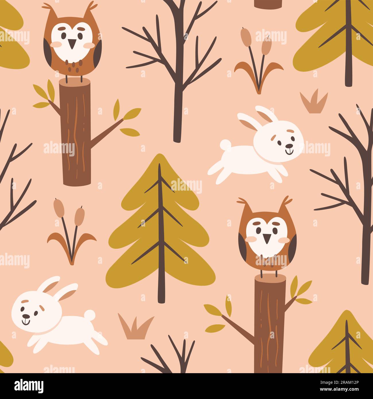 Woodland seamless pattern with owls, trees and bunnies jumping. Square ... Woodland seamless pattern with owls, trees and bunnies jumping. Square ...