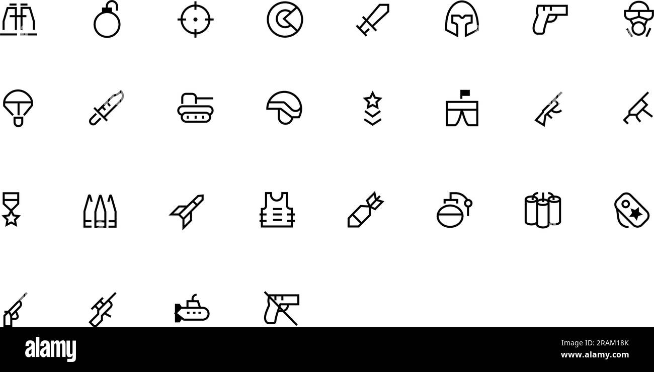 Military, army, war outline icon set. Military Equipment, tools, aids ...