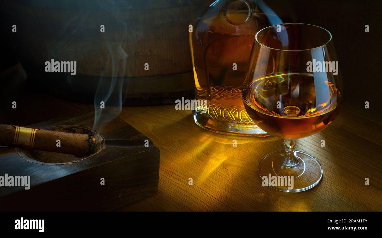 a cigar, brandy glass; bottle and barrel; luxurious men's club banner ...