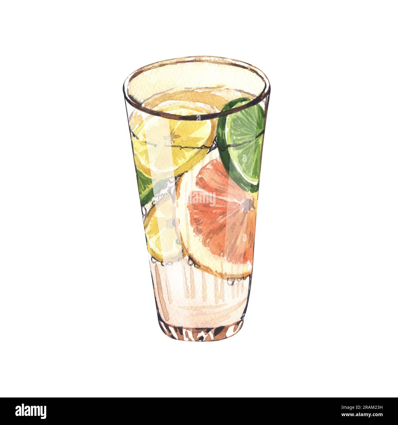 Watercolor summer cocktail orange fizzy and water ice glass. Hand-drawn ...