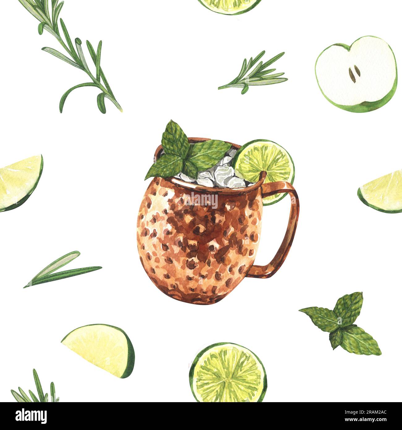 Watercolor seamless pattern moscow mule cocktail in mug with lime and ...