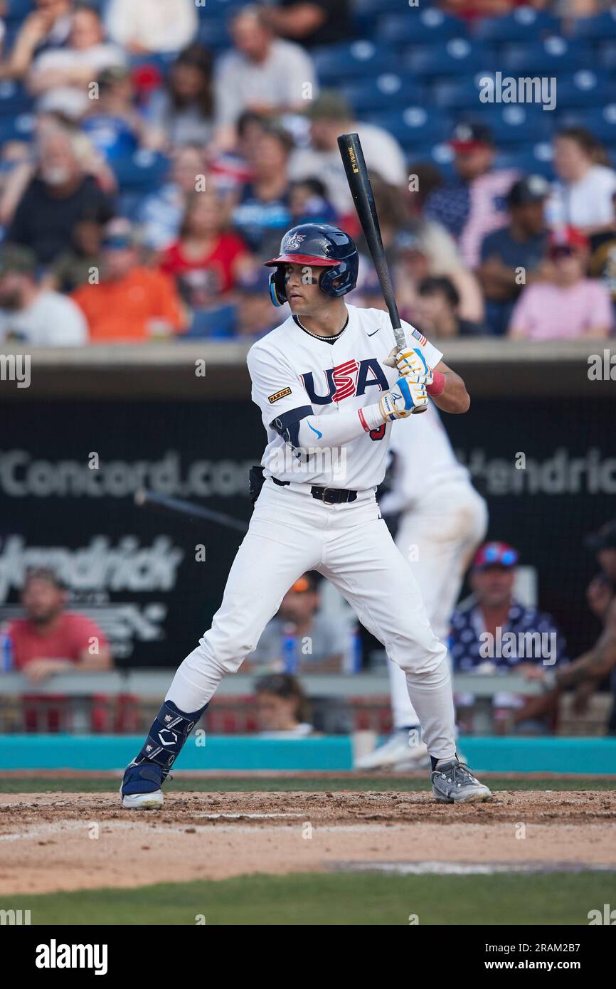 Duce Gourson (3) (UCLA) of USA Baseball Collegiate National Team at bat ...