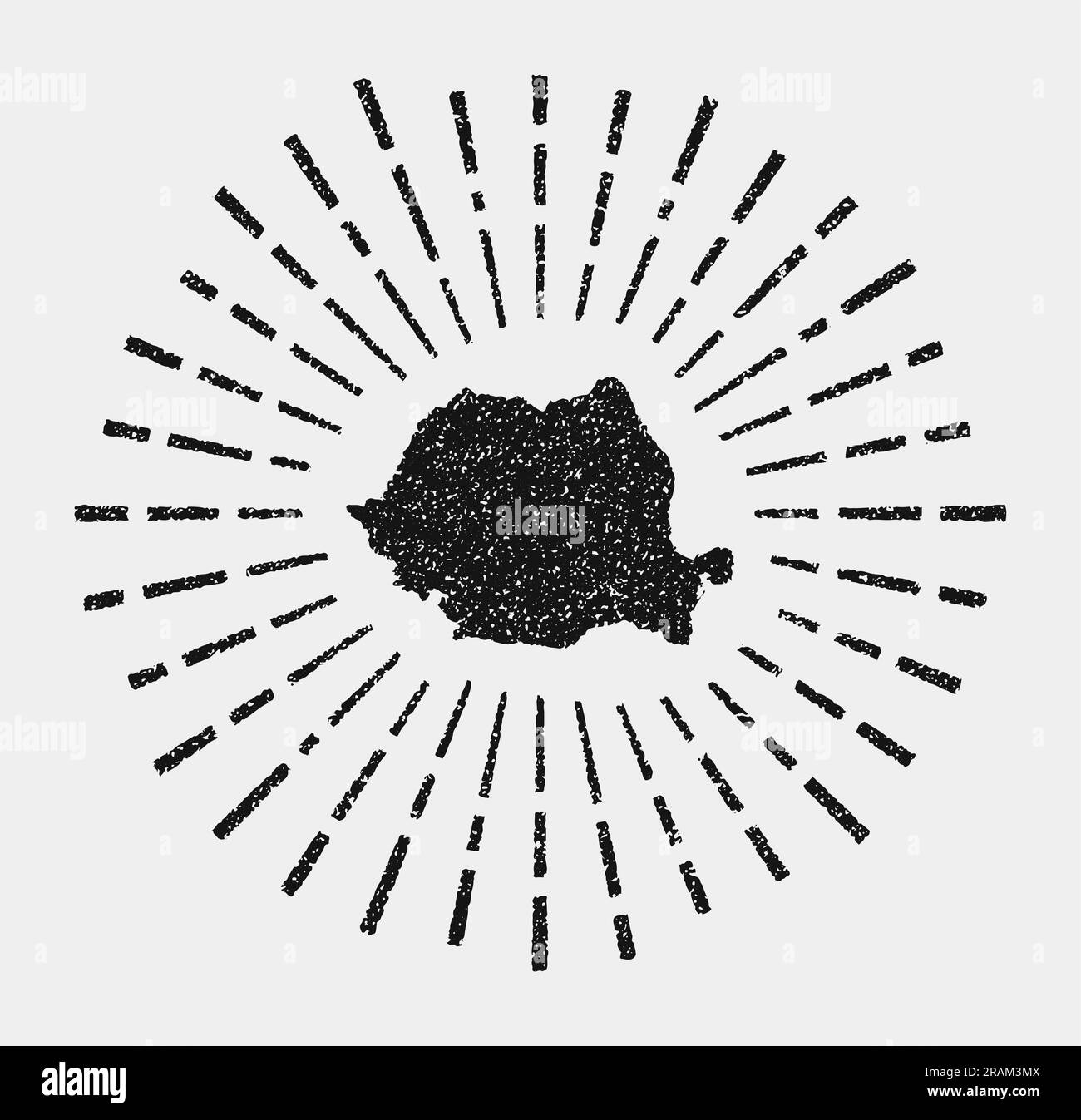 Vintage map of Romania. Grunge sunburst around the country. Black ...