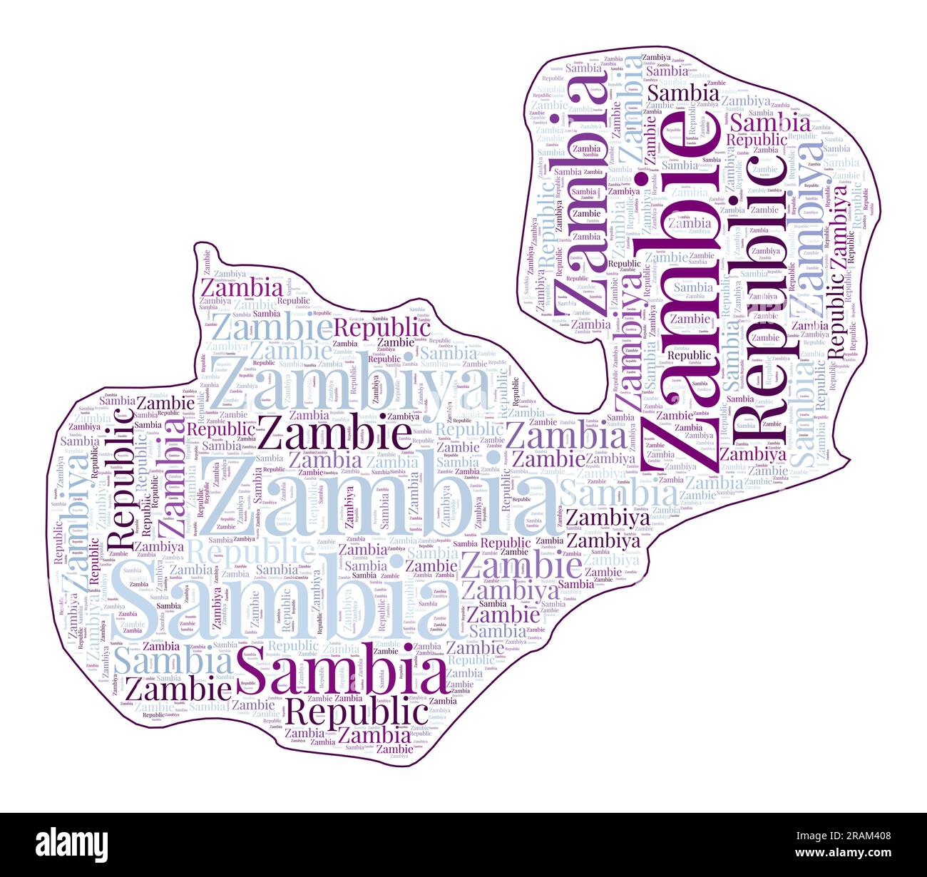 Zambia shape filled with country name in many languages. Zambia map in ...
