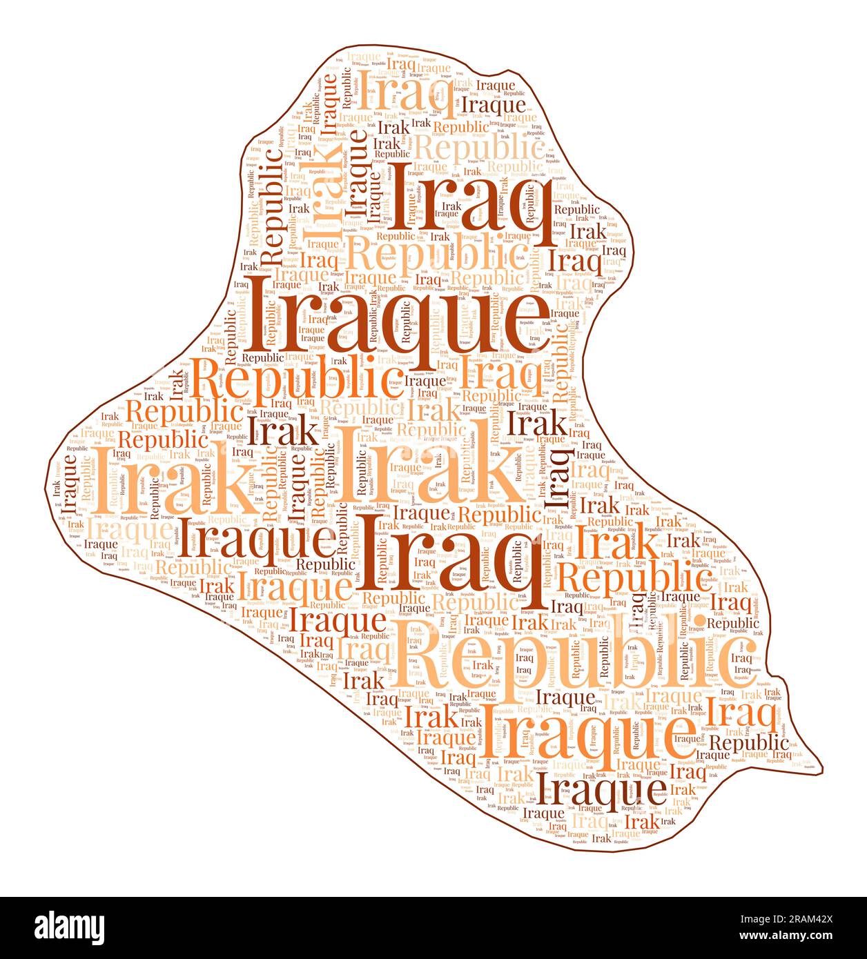 Iraq shape filled with country name in many languages. Iraq map in word ...