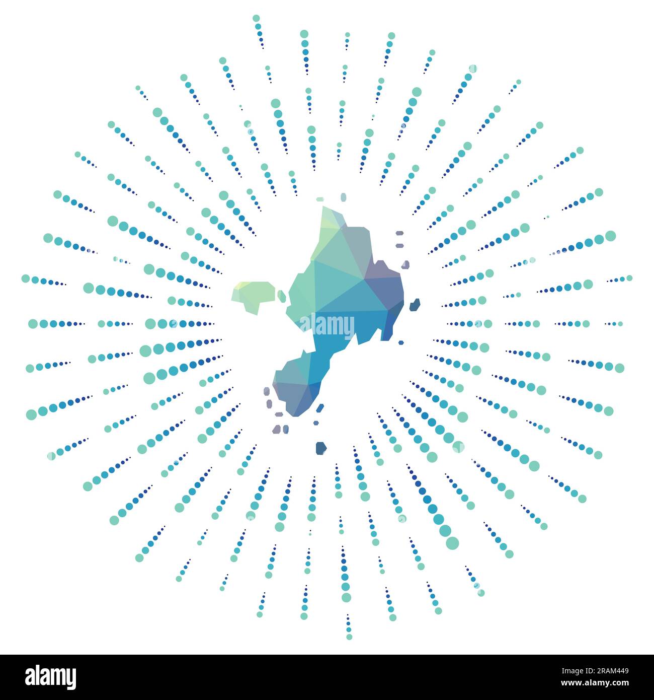 Shape of Sark, polygonal sunburst. Map of the island with colorful star ...