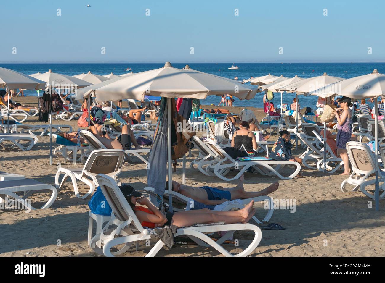 Larnaca, Cyprus - July 17, 2022: Crowds of sunbathers at Mackenzie ...