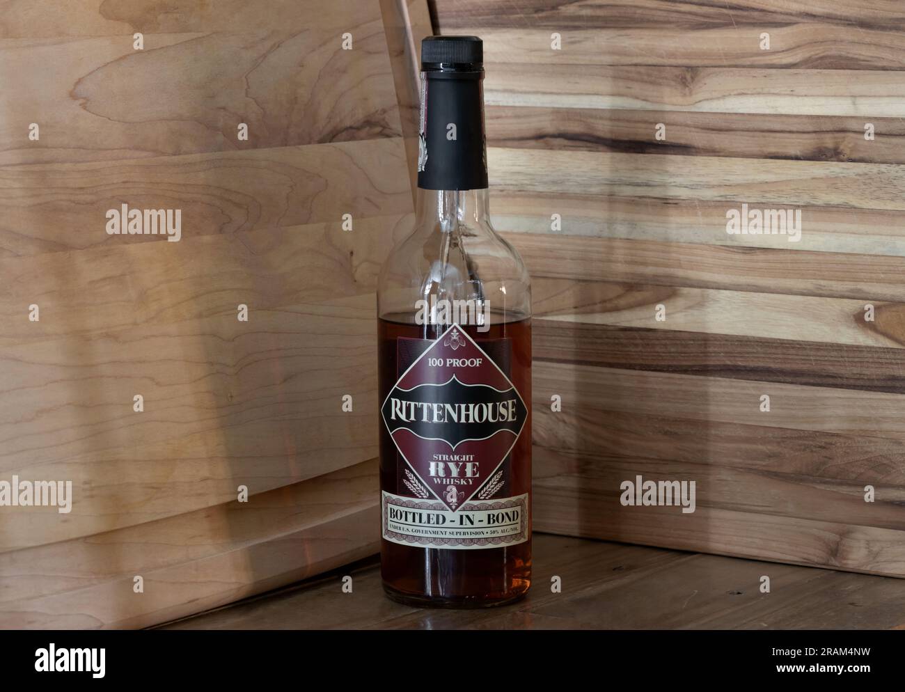 bottle of Rittenhouse straight rye whiskey, one hundred proof bottled ...