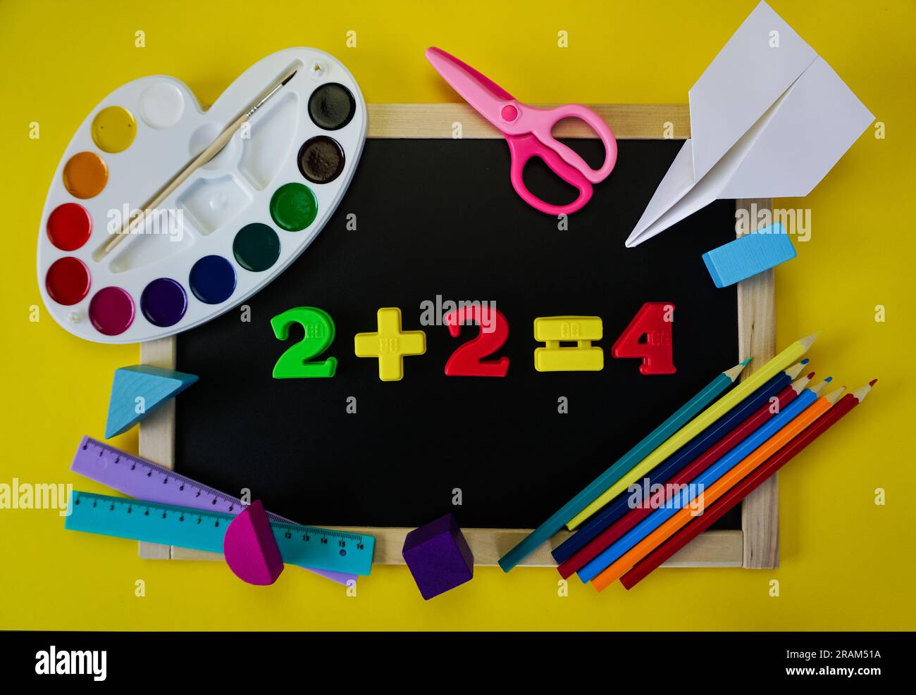 School supplies are laid out around the school chalkboard. The concept ...