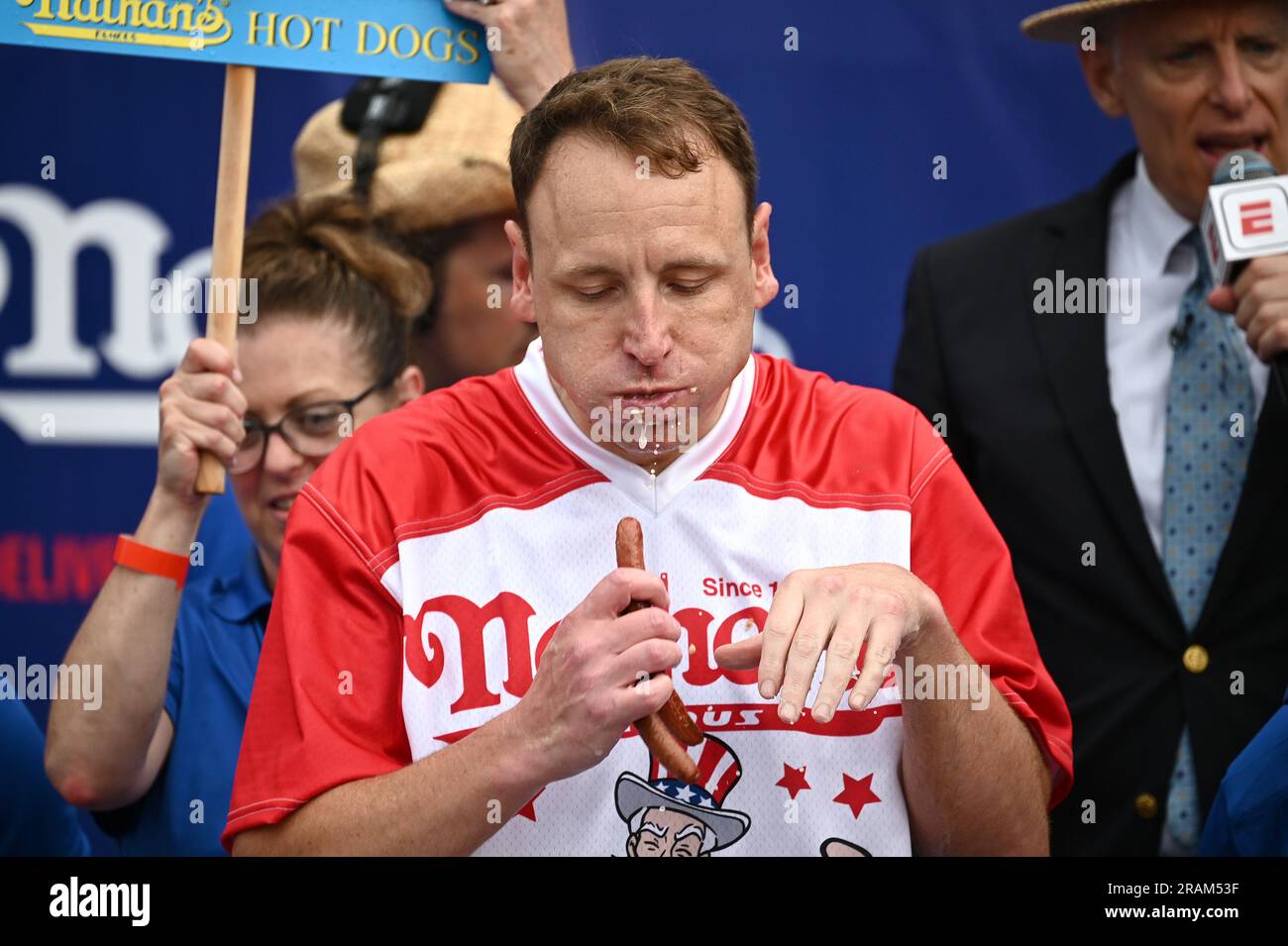 New York, USA. 04th July, 2023. 2022 champion Joey Chestnut competes in ...