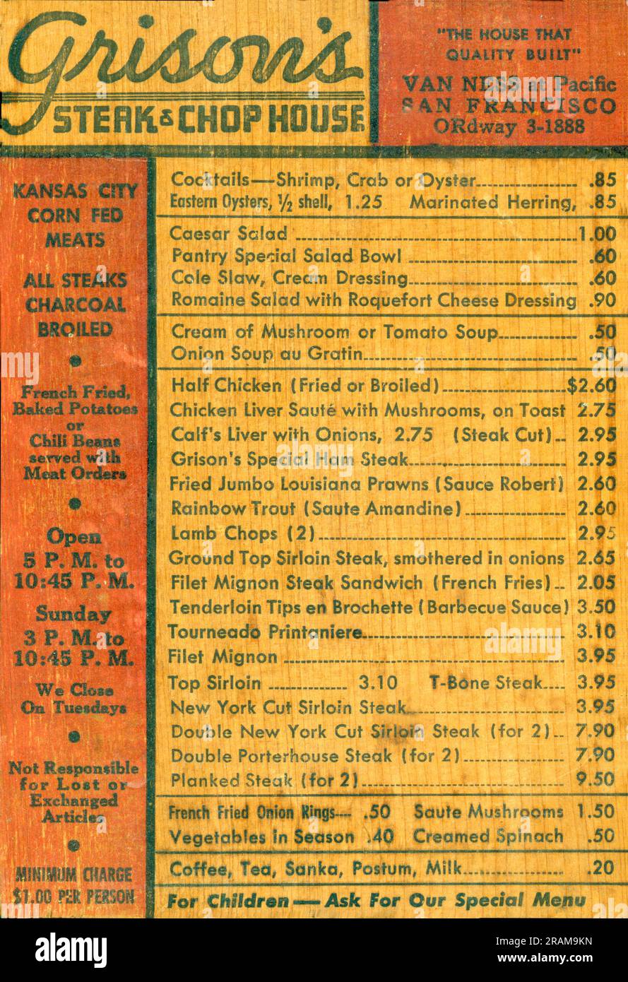 San Francisco, California: c. 1938. The wooden menu from Grison's Steak ...