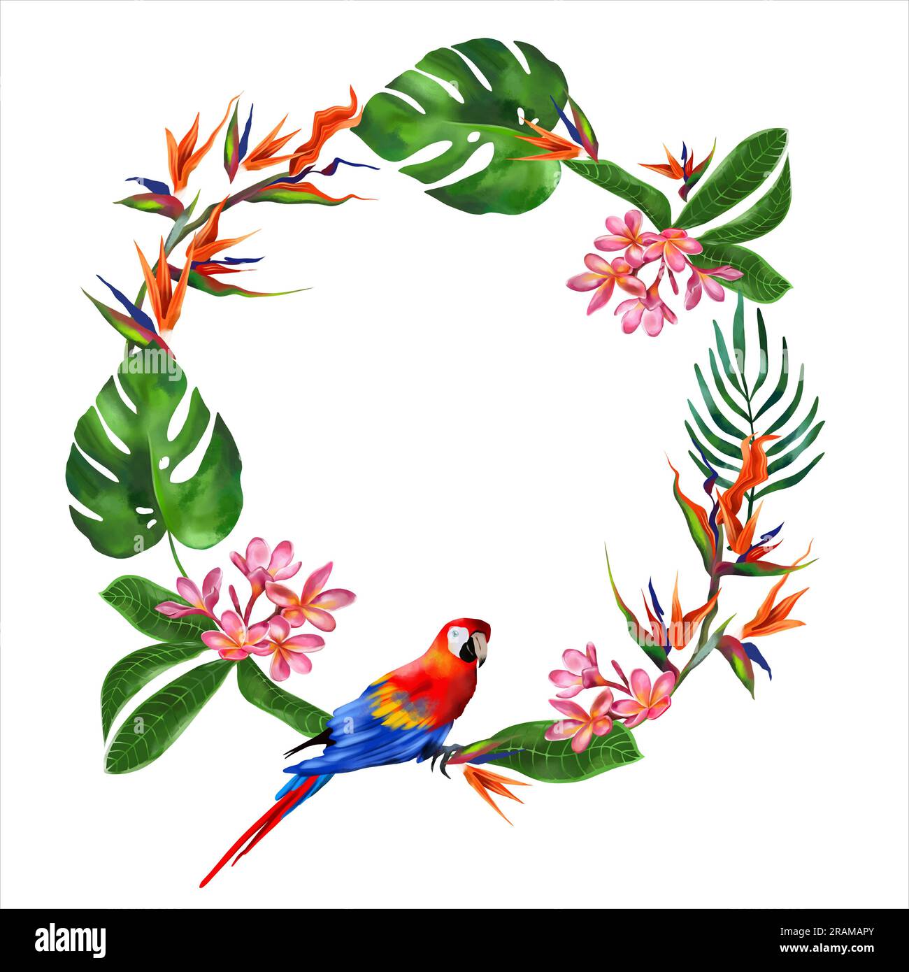 Macaw parrot and bright exotic plants. Watercolor tropical wreath ...