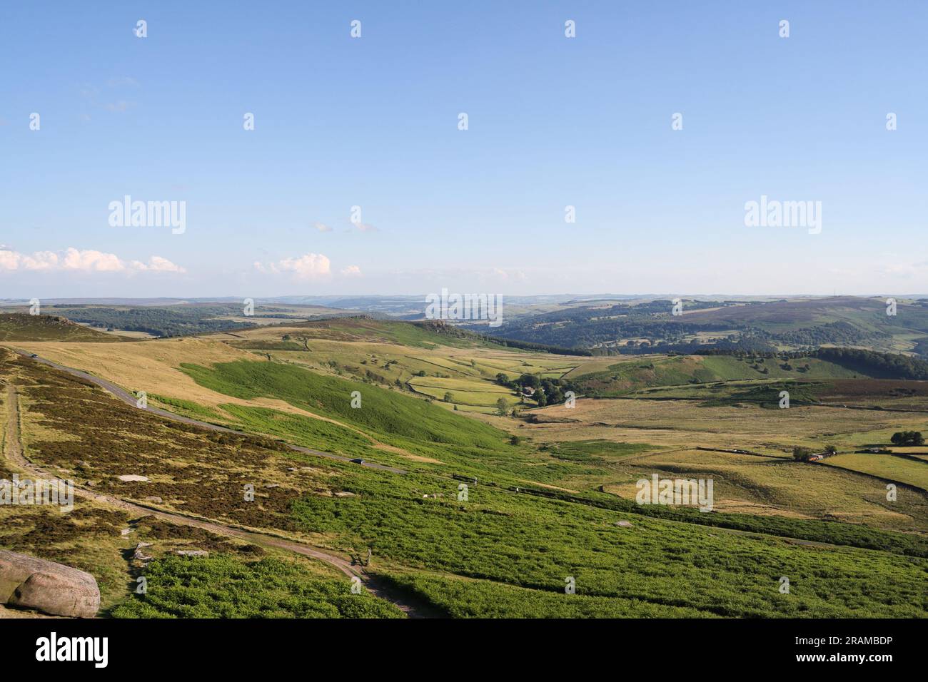 Derbyshire Peak district landscape rolling hills view from Stanage Edge ...