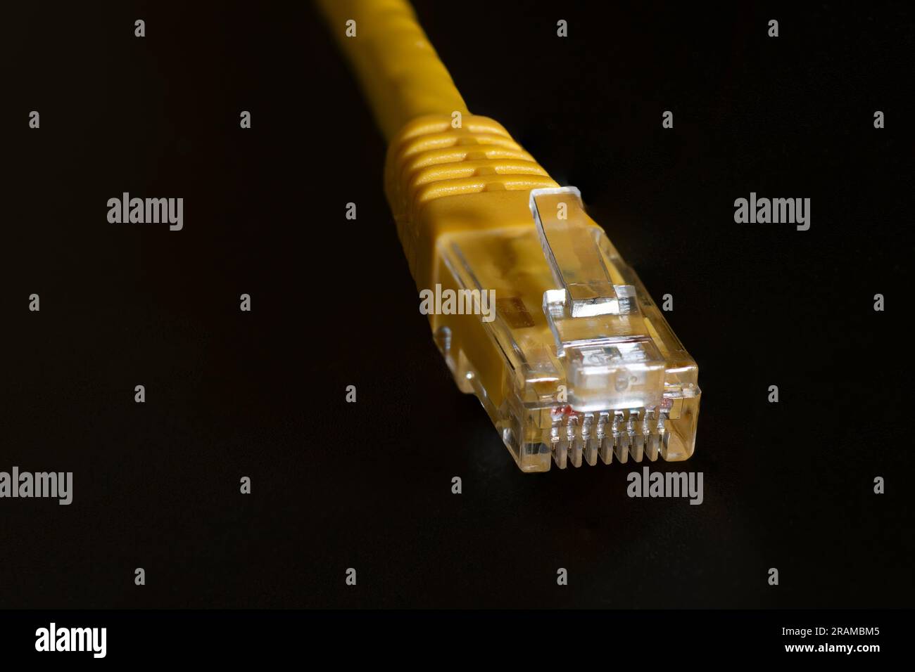 Macro photo of a yellow 8 pin ethernet plug on black background Stock ...