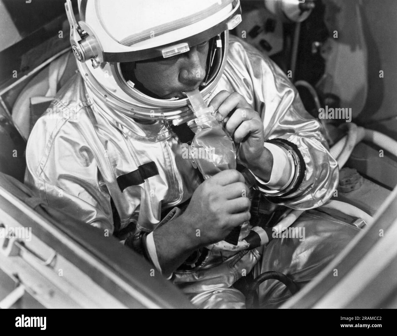 Houston, Texas: March, 1966. A NASA test subject consumes a meal of pot ...