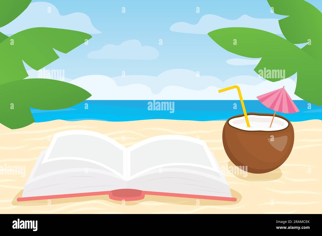 open book and coconut cocktail on tropical beach; summer vacation ...