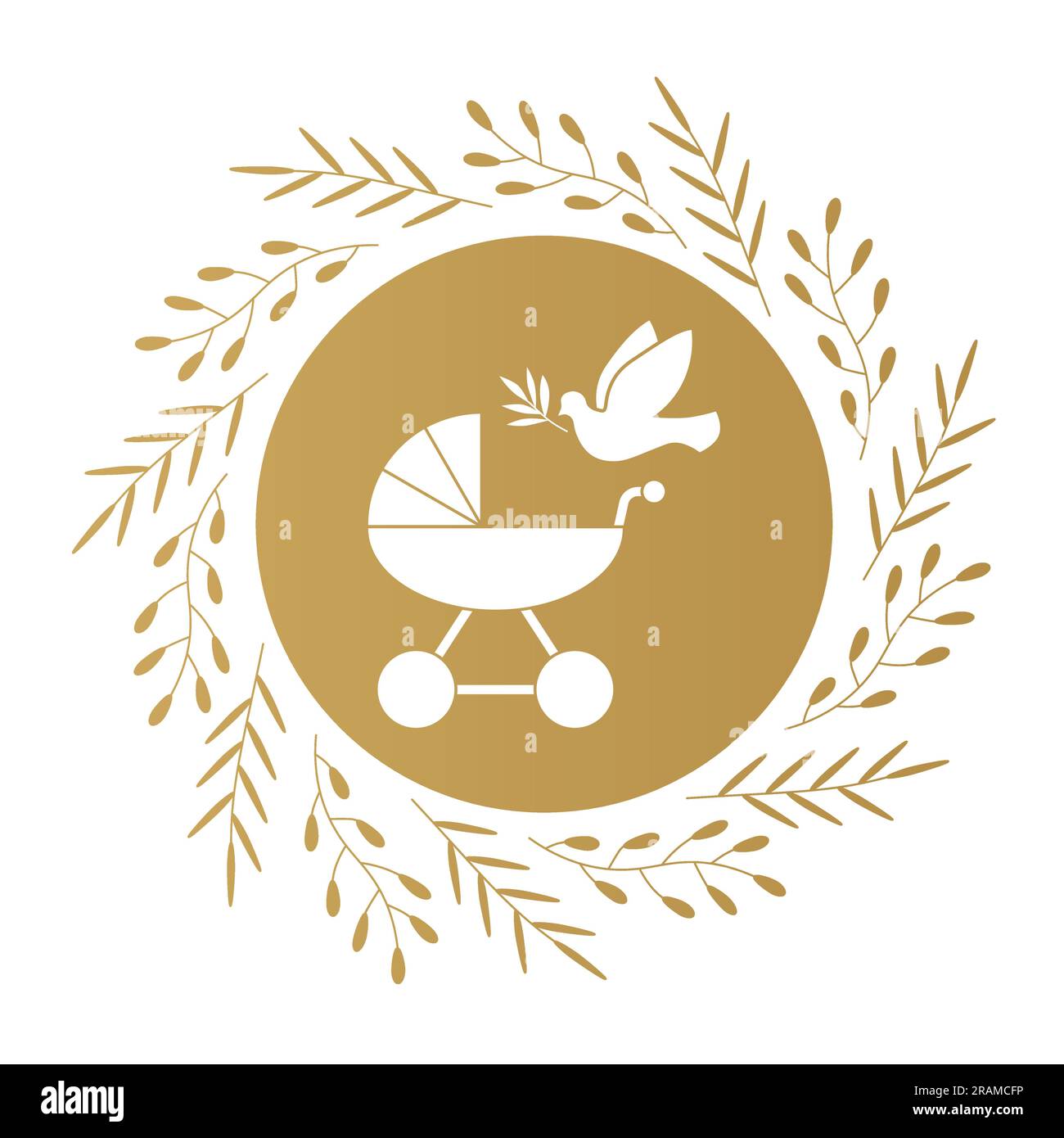 golden Baptism invitation design template with pram and dove with olive twig and floral wreath ...