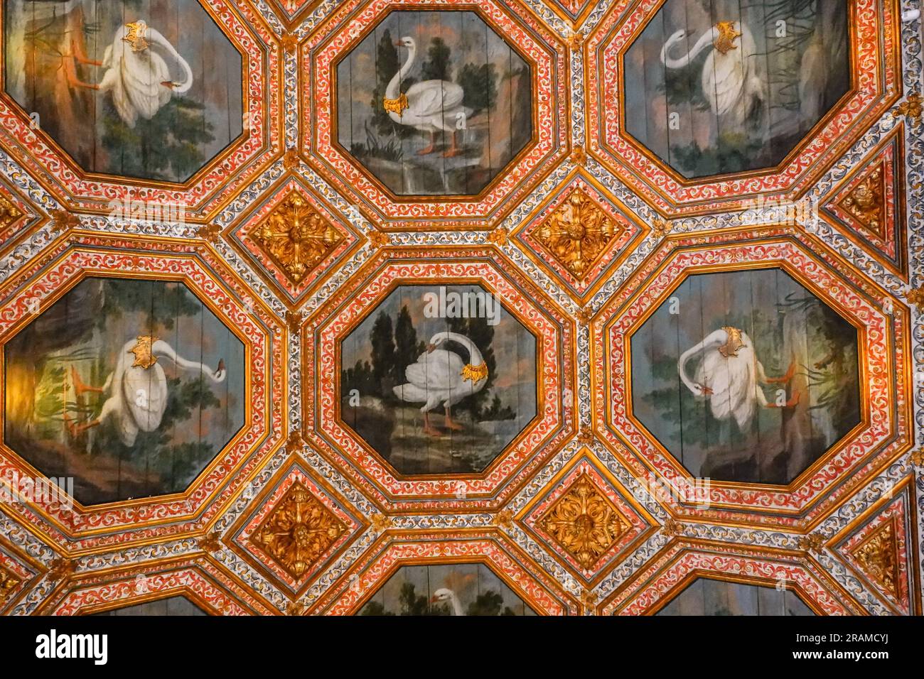 The Swan Hall or Great Hall with decorated ceiling panels painted with ...