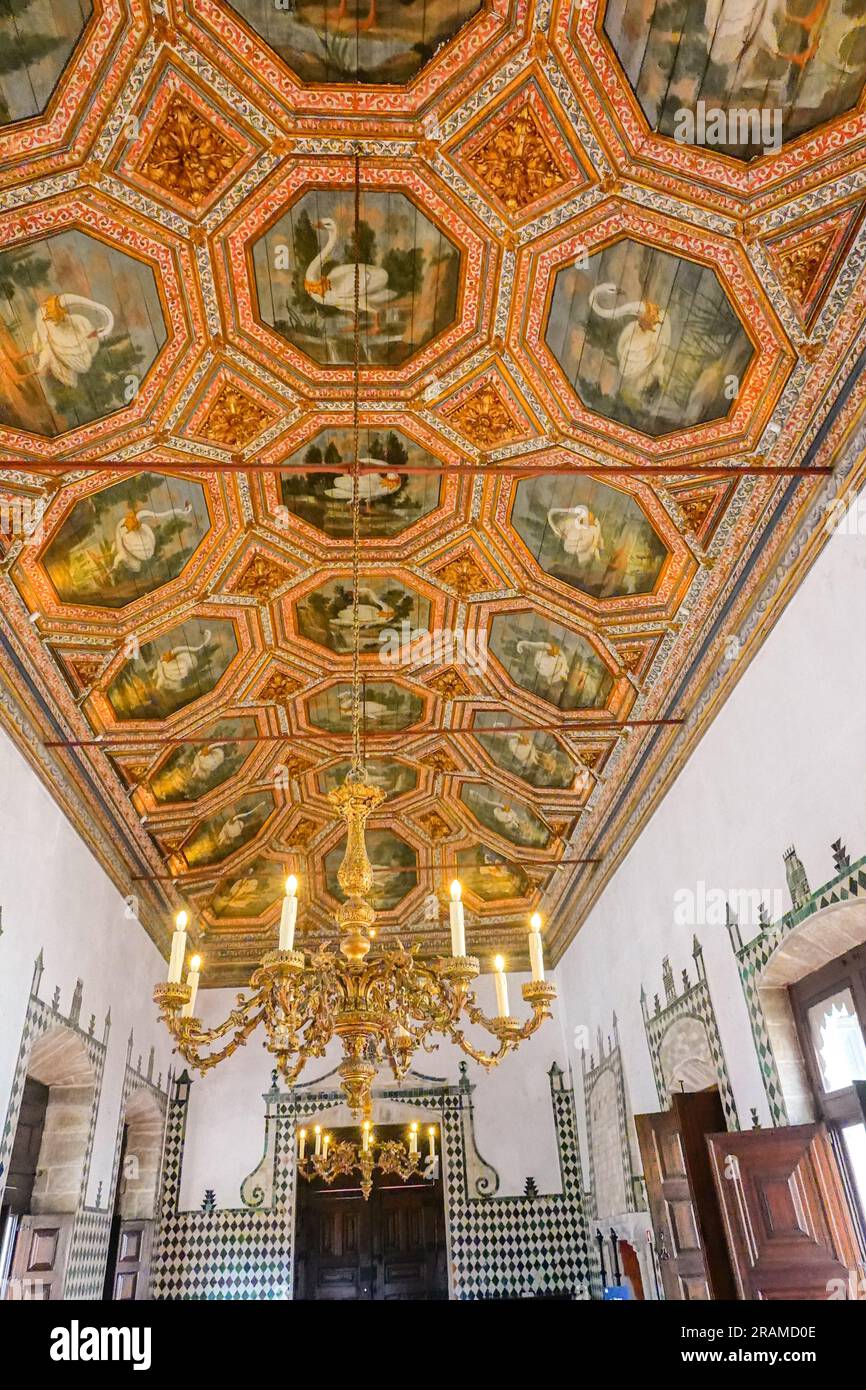 The Swan Hall or Great Hall with decorated ceiling panels painted with ...