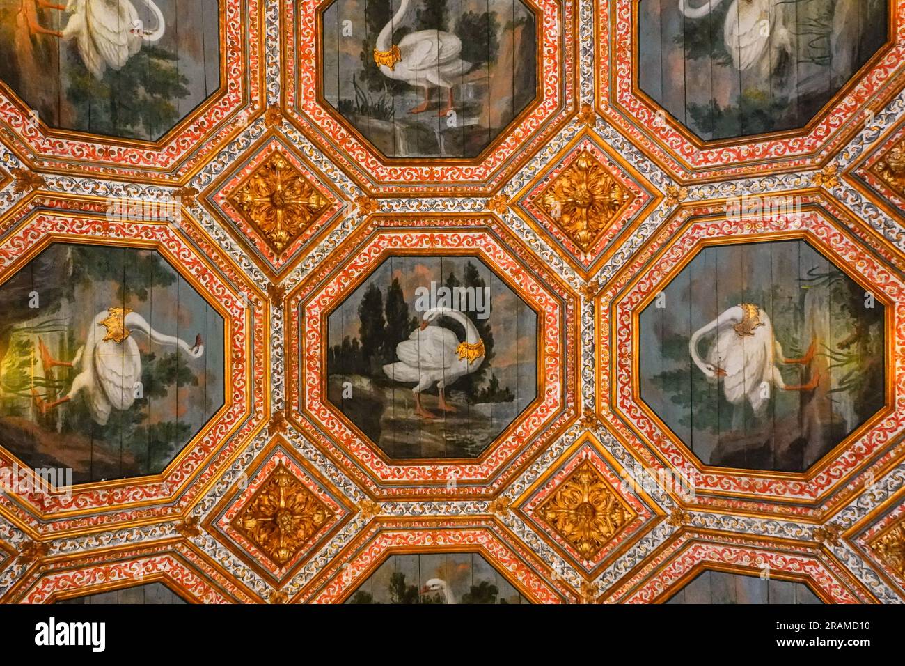 The Swan Hall or Great Hall with decorated ceiling panels painted with ...