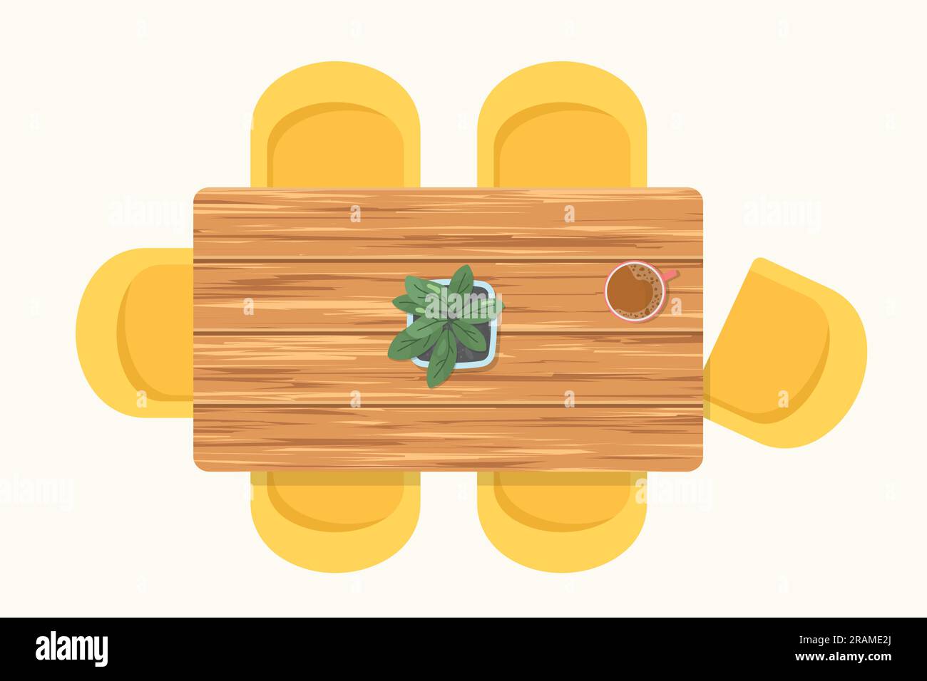 top view of wooden table-with yellow chairs, plant and coffee cup ...