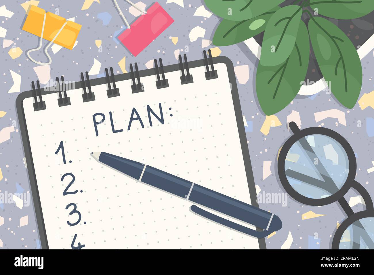 plan written in a spiral notebook, flat lay desk view- vector ...