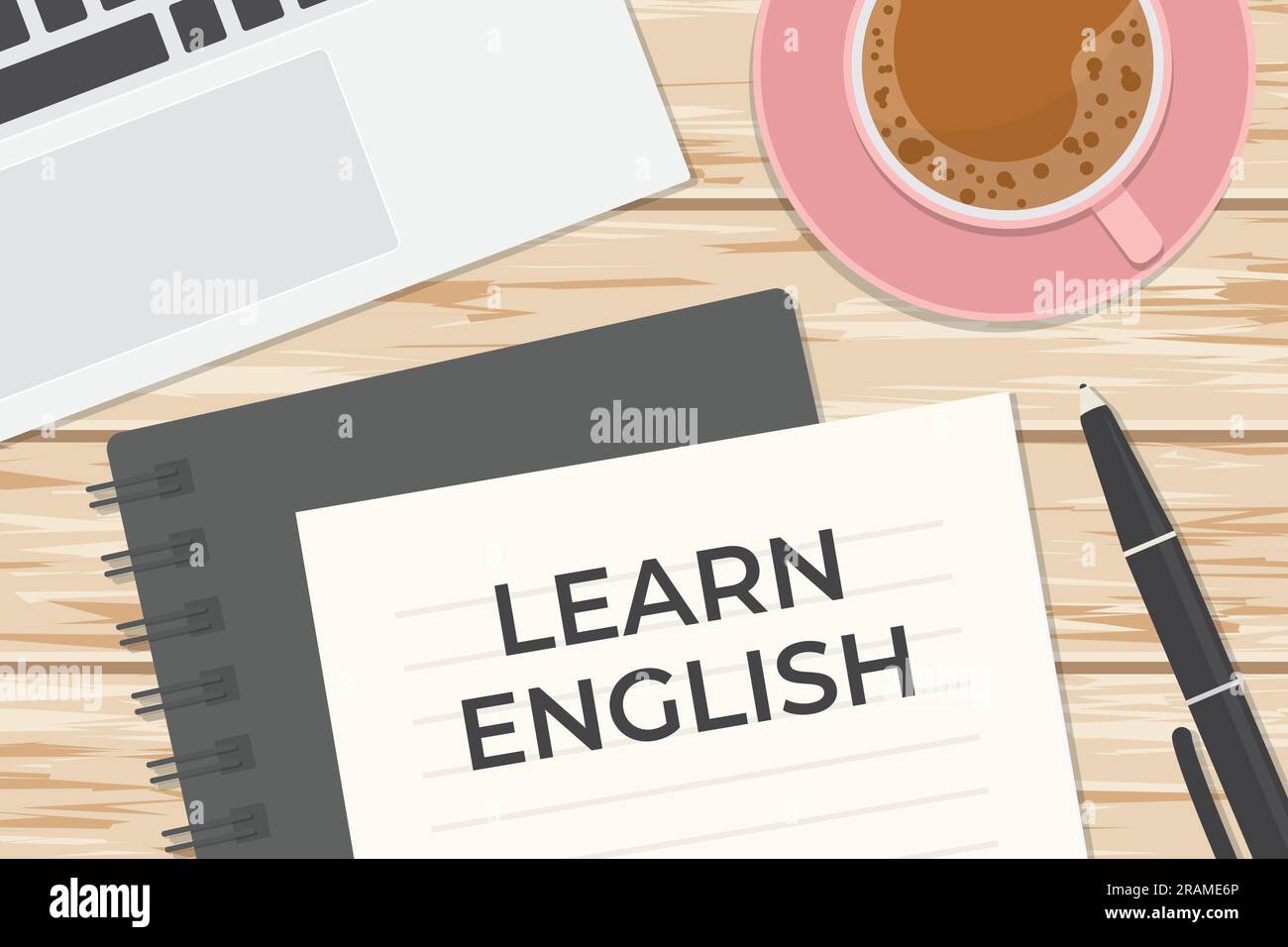 concept of learning english, flat lay composition on wooden desk ...