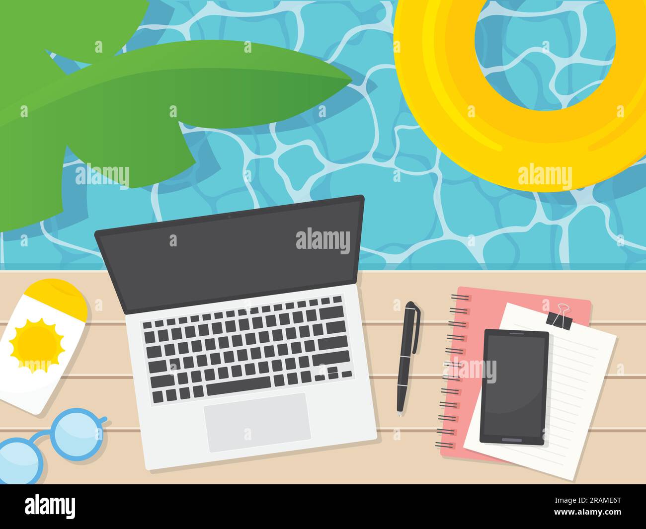 working from the swimming pool; laptop, notebook, documents, phone, pen ...