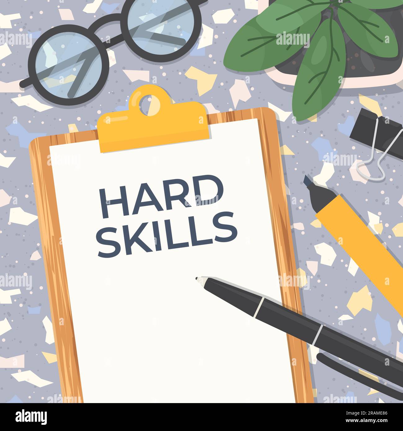 hard skills written on clipboard, flat lay composition on terrazzo ...