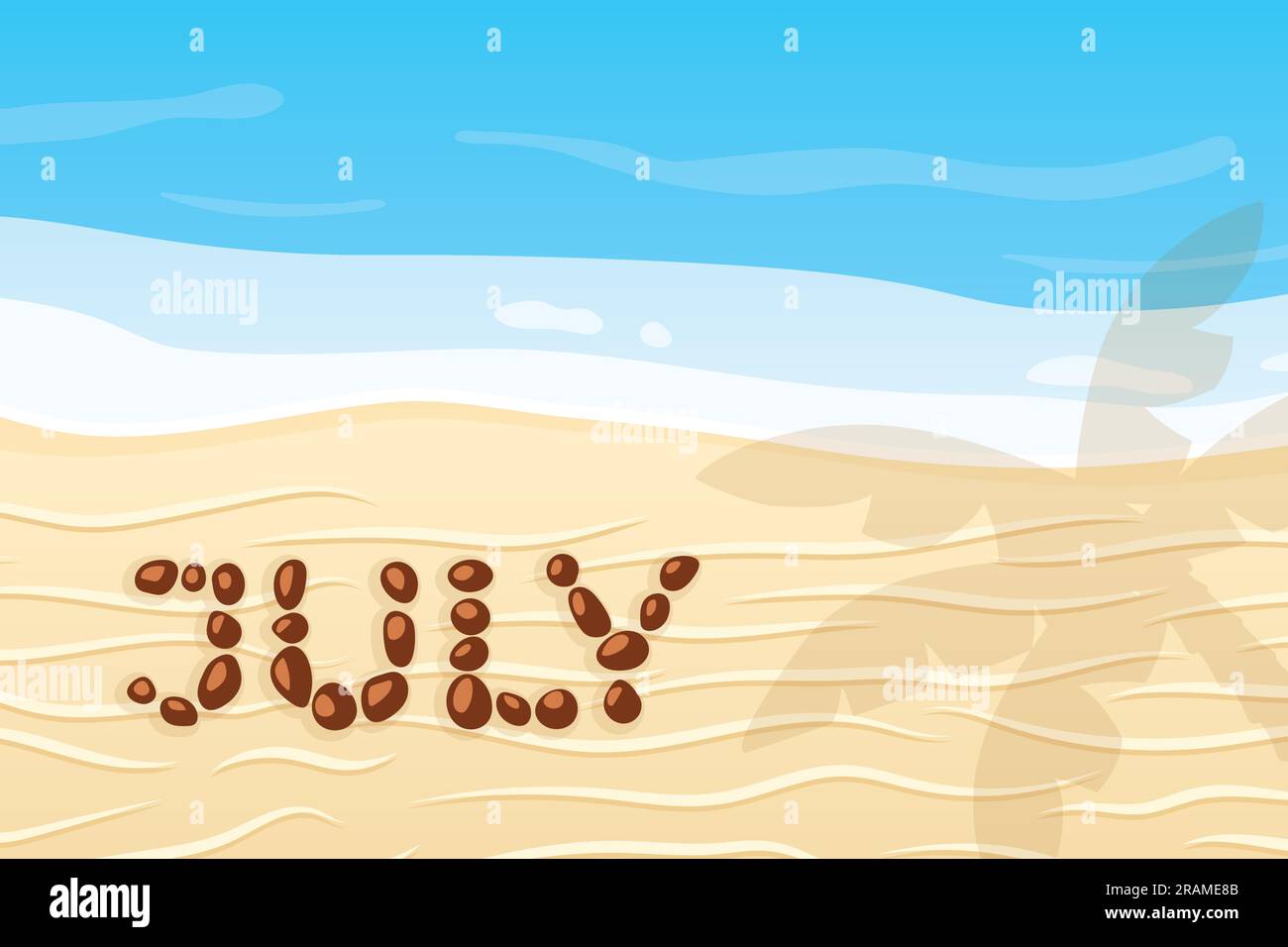 july word made of pebbles on the tropical beach; summer vacation ...