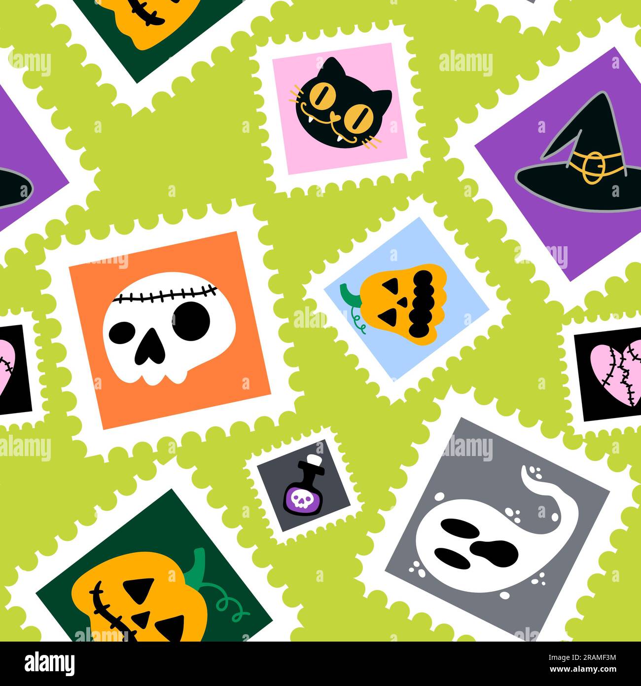 Postage stamps cartoon seamless Halloween pumpkins and ghost and poison ...
