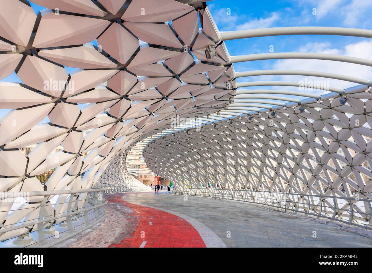 Modern architectural urbanistic Atyrau fish bridge across Ishim river ...