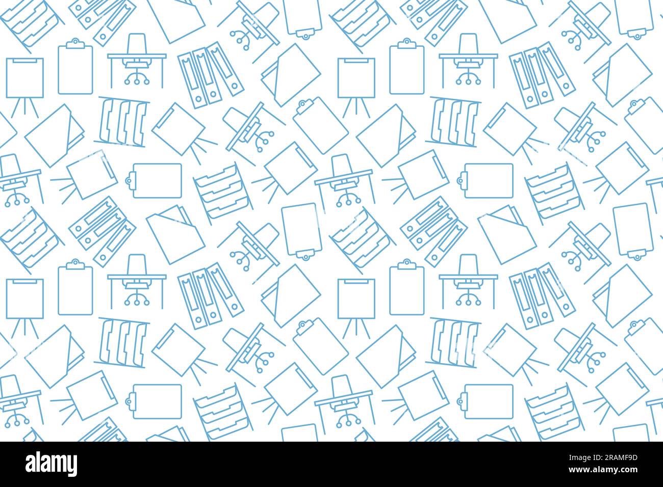 seamless pattern with office equipment icons: documents storage, desk with chair, whiteboard ...
