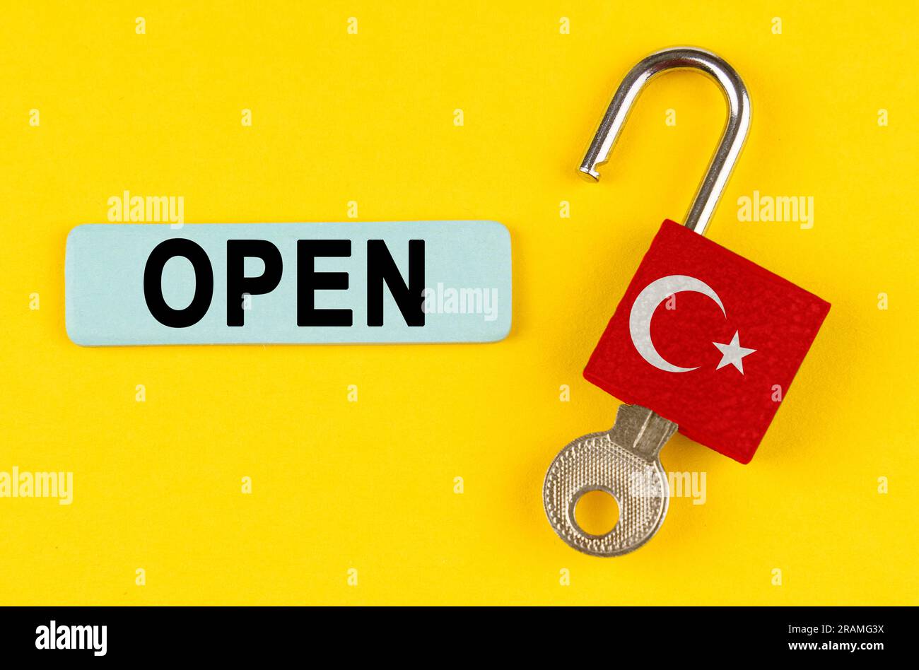 On a yellow surface, an open lock with the image of the flag of Turkey ...