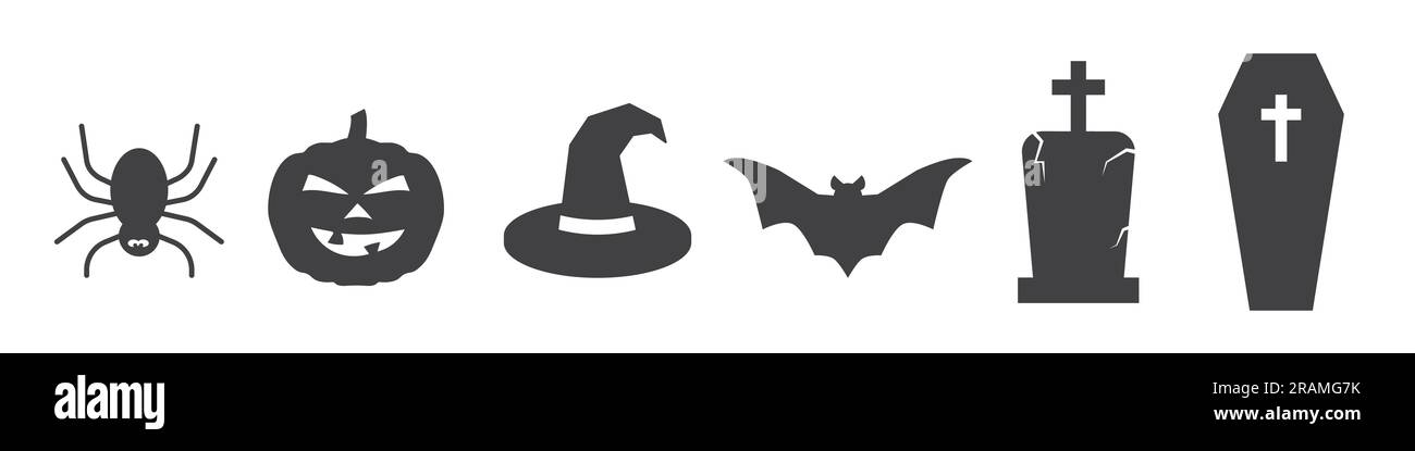 Halloween icons: spider, pumpkin, witch's hat, bat, grave, coffin ...