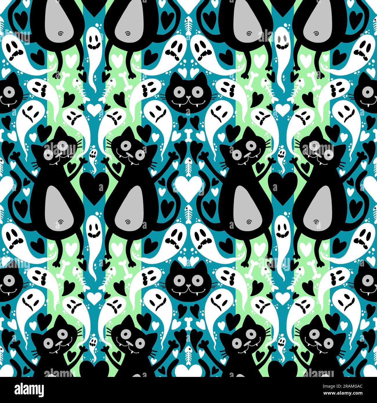 Cartoon animals monsters seamless Halloween cats and ghost pattern for ...