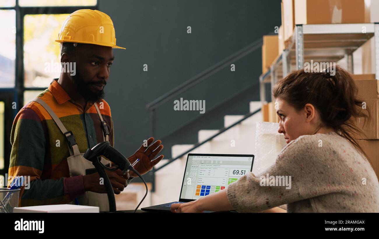 Diverse employees counting boxes products hi-res stock photography and ...
