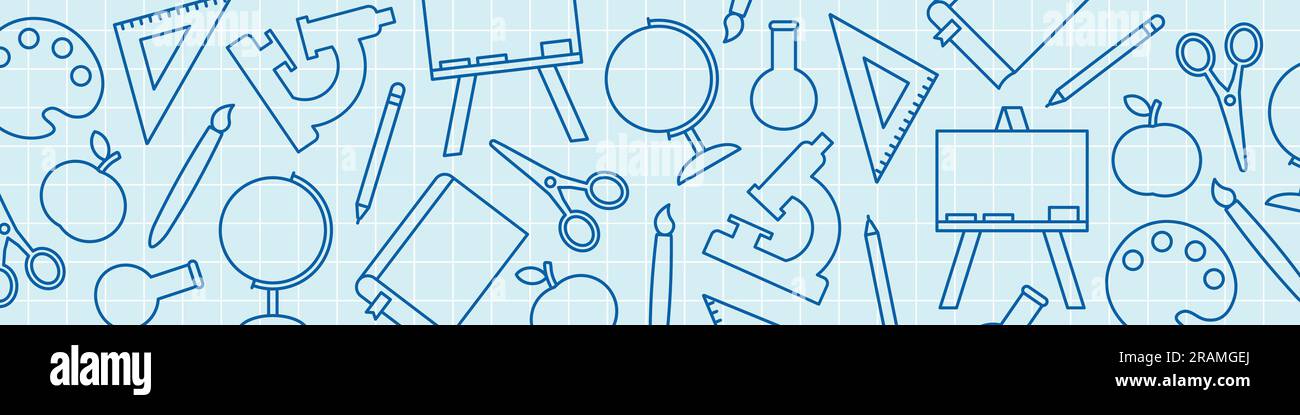 back to school banner, chalkboard, scissors, apple, pencil, brush ...