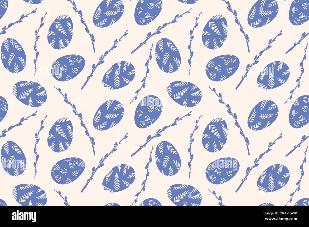 blue spring, Easter seamless pattern with catkins willow branches and eggs with floral patterns ...