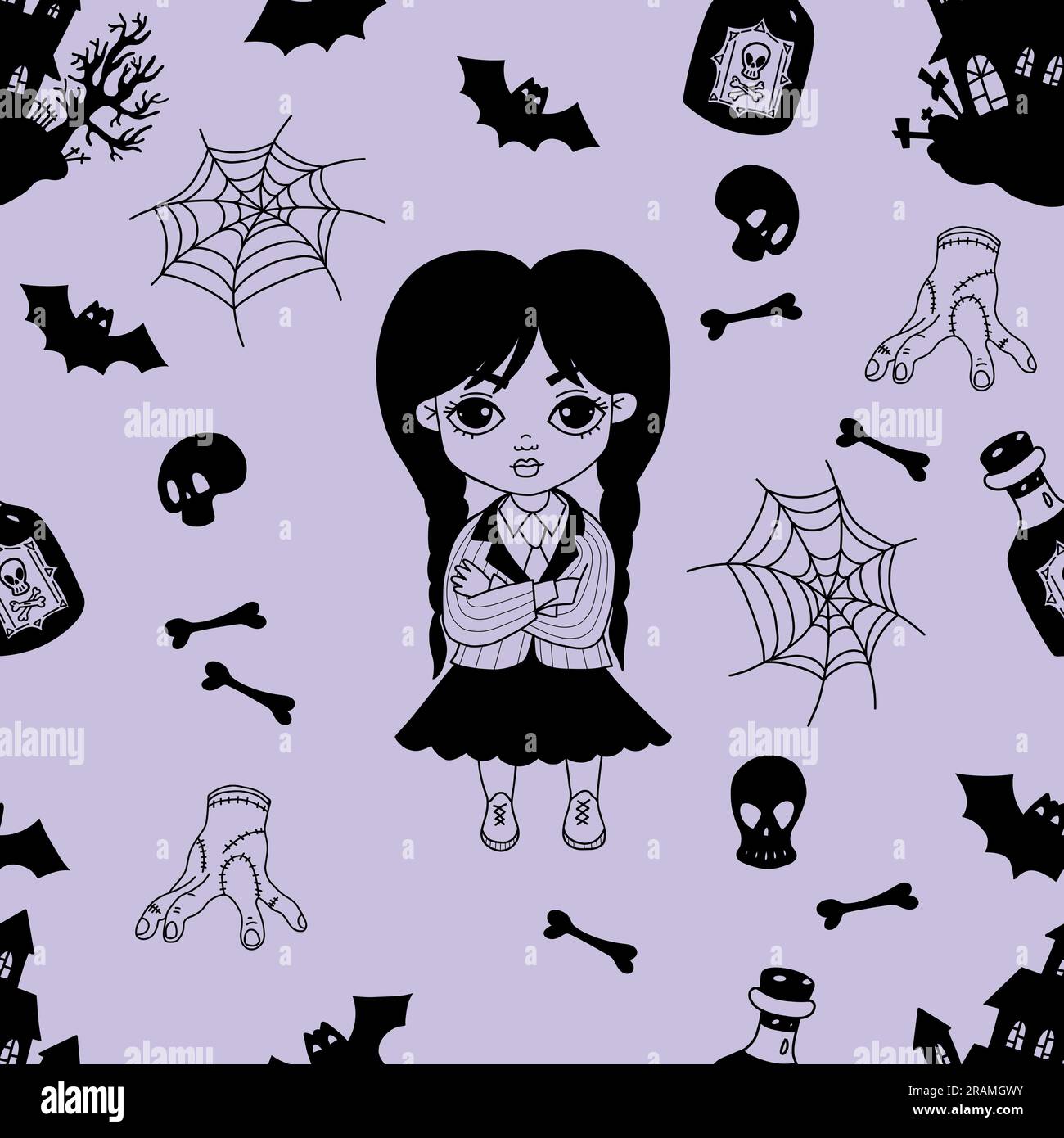 Seamless pattern Halloween with gothic girls with braids on purple ...