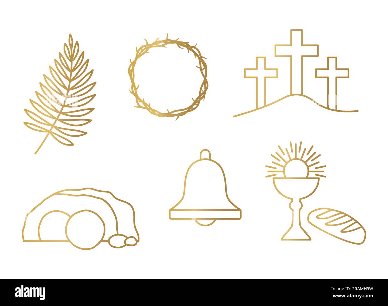 golden set of Easter related icons: palm leaf, crown of thornes, mount ...