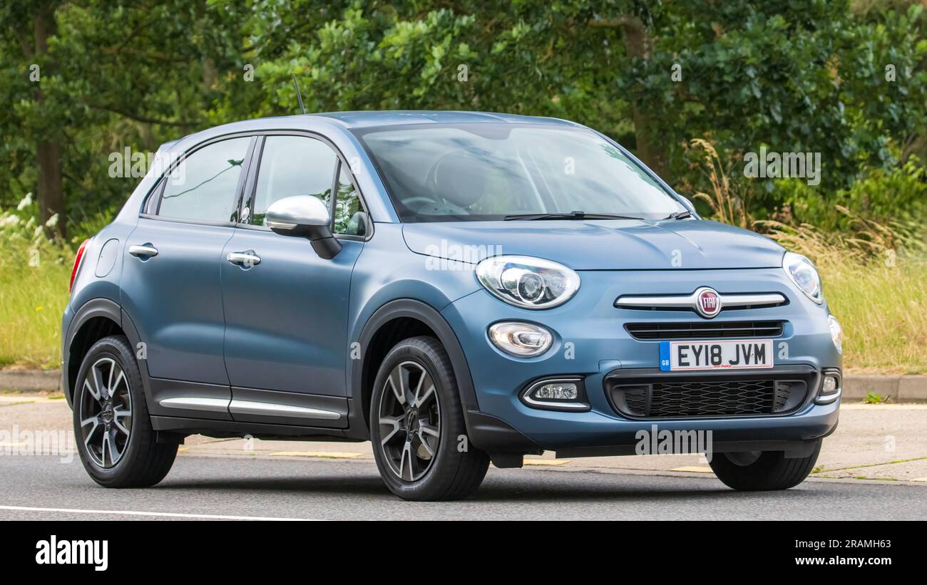 Milton Keynes,UK - July 2nd 2023. 2018 blue FIAT 500 car travelling on ...