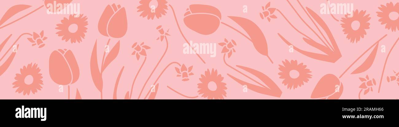 pink banner with spring flowers: tulips, daisies and daffodils - vector ...
